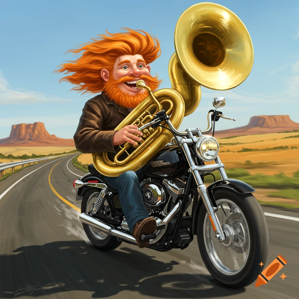 A ginger man with big hair is riding a motorcycle and playing a tuba on ...