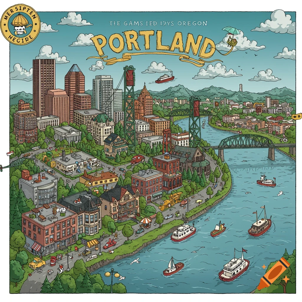 Cartoon illustration of the Portland, Oregon cityscape with buildings ...