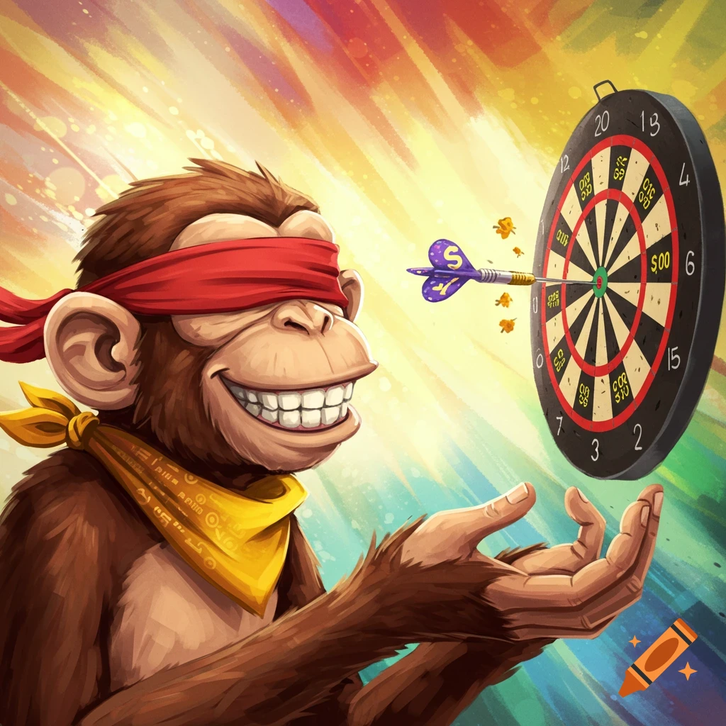 Blindfolded monkey throws dart at dartboard with stock symbols. on Craiyon