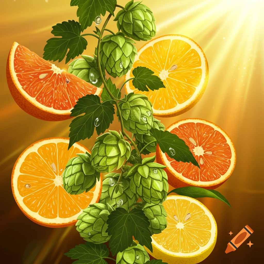 Beer label with hops, citrus fruit, and sunshine on Craiyon