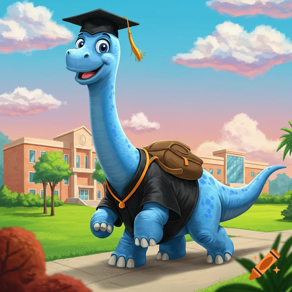 A cartoon blue brontosaurus wearing a graduation cap and gown walks ...