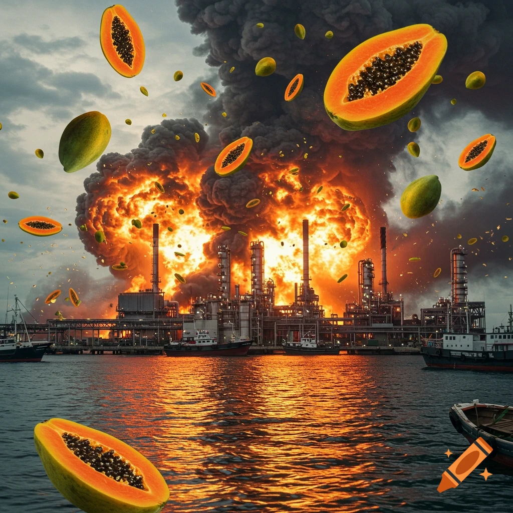 Refinery explosion on a harbor with papayas flying everywhere. on Craiyon