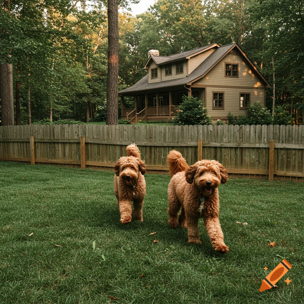 Two golden doodle dogs running in a fenced yard of a craftsman home ...