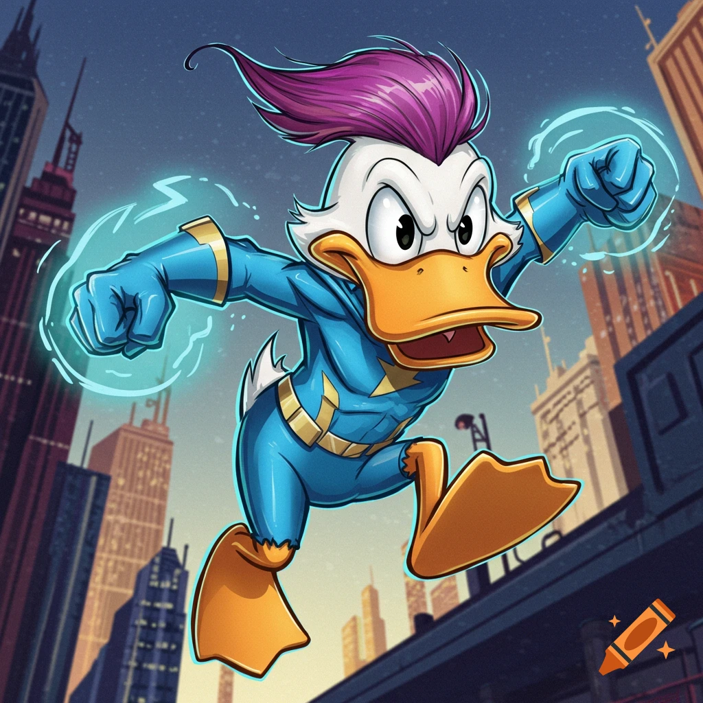 Cartoon superhero duck flying over a city skyline. on Craiyon
