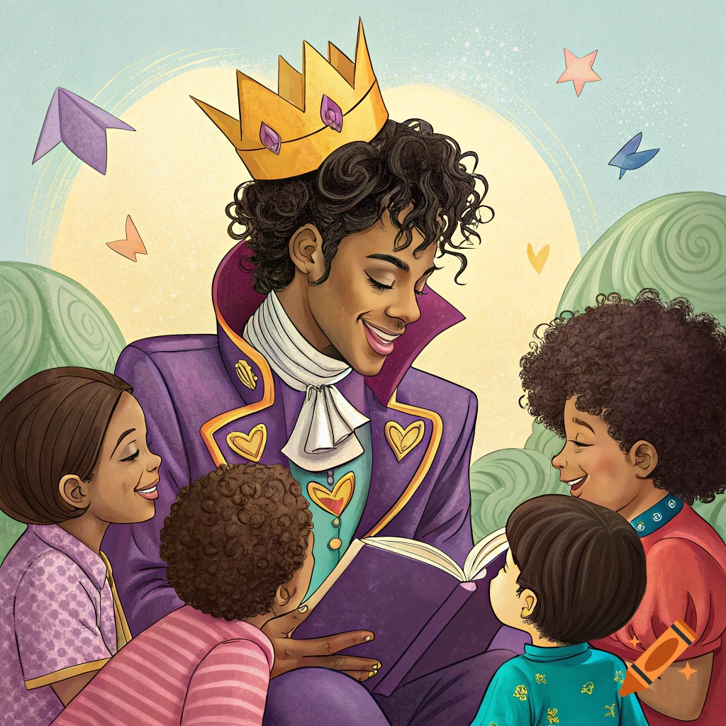 A figure wearing a crown and purple suit reads a book to three children ...