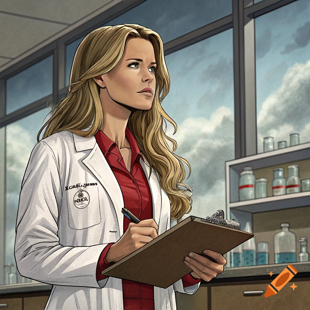 An illustration of a woman in a lab coat writing on a clipboard in a ...