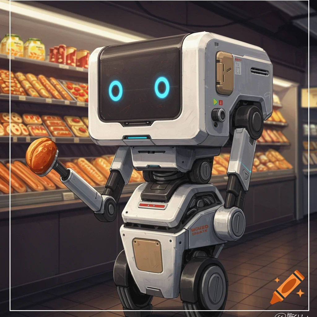 A robot is holding a small loaf of bread in a bakery. on Craiyon