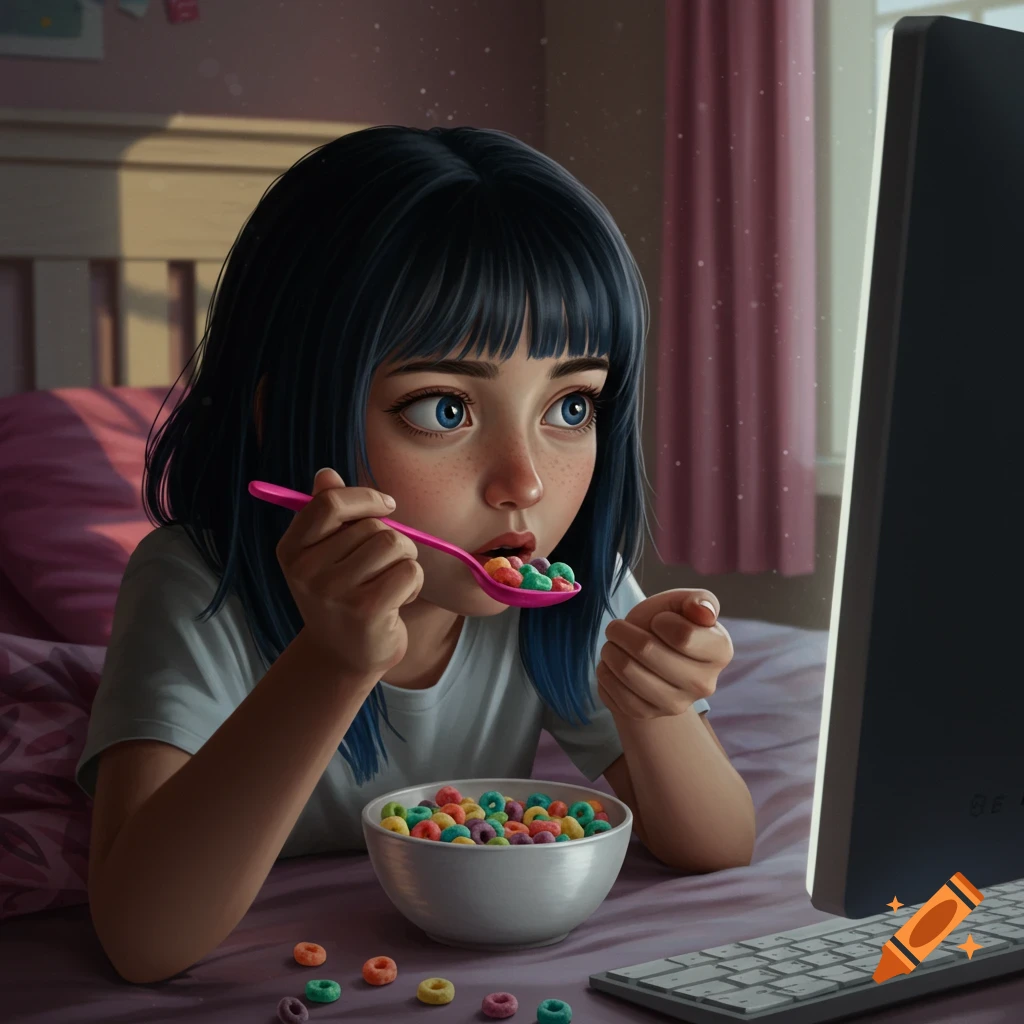 Black haired girl with blue bangs eating Trix cereal on Craiyon