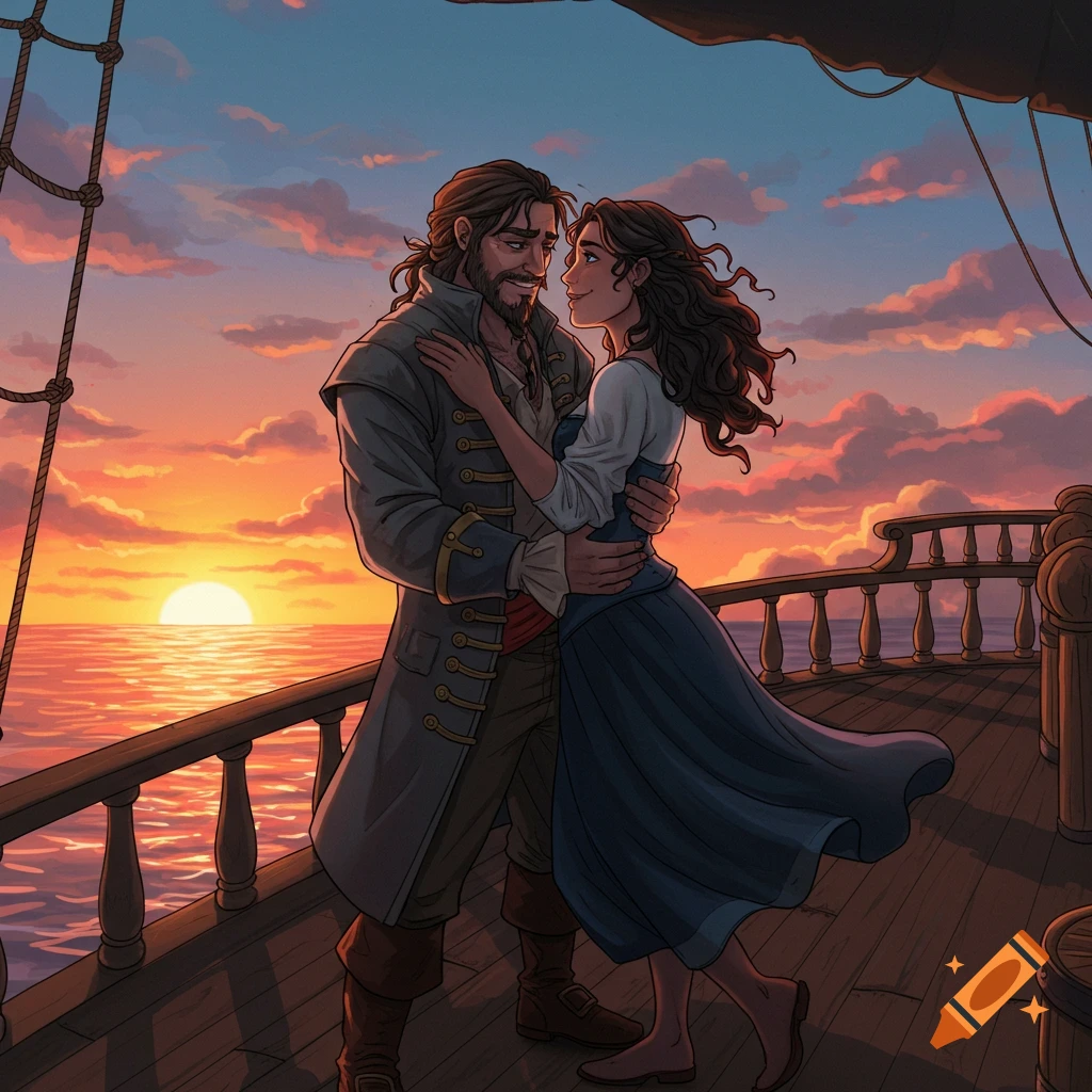 Pirates kissing on a ship at sunset on Craiyon