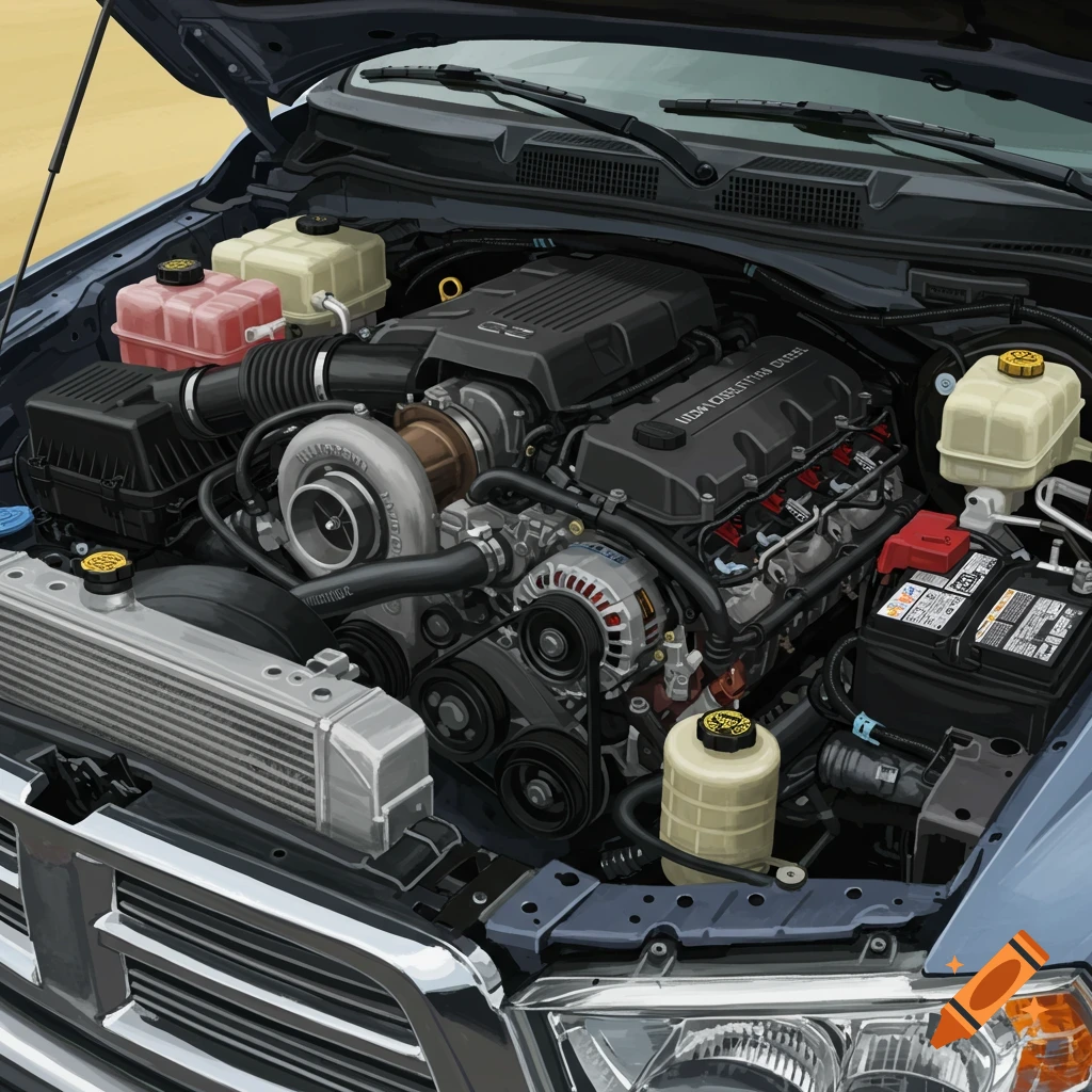 Detailed image of a car engine bay with a turbocharger and visible ...