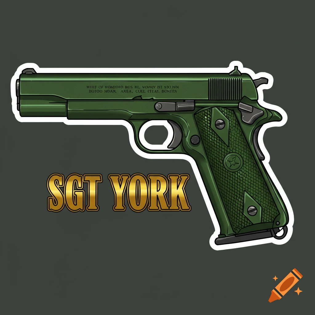 Stylized green Colt 1911 pistol sticker with 'SGT YORK' in gold letters ...