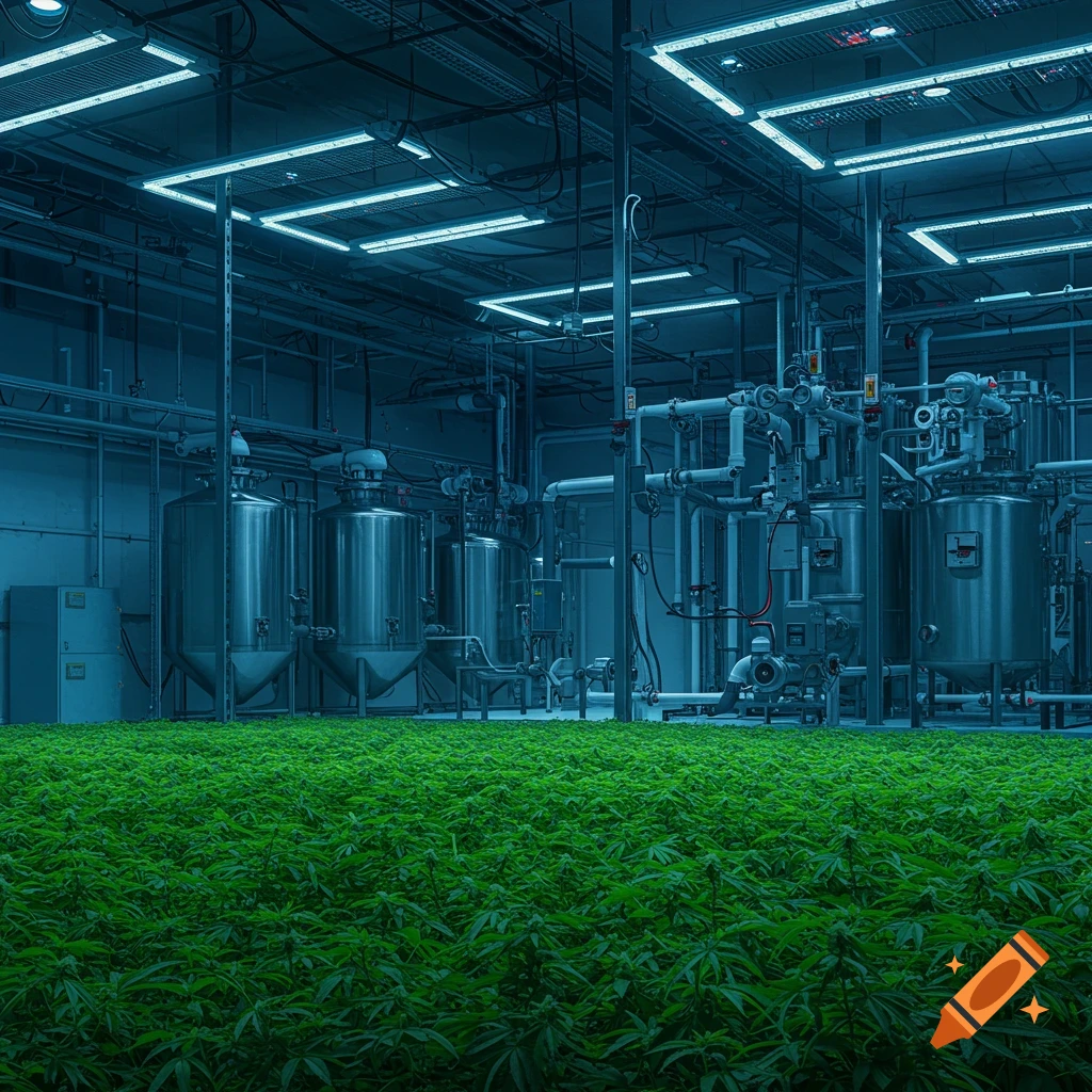 Aesthetic industrial grow op with extraction equipment on Craiyon