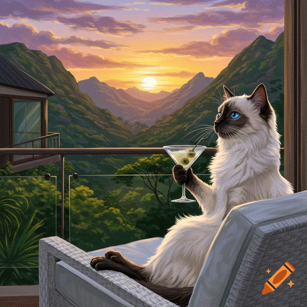 White Balinese cat drinking martini at sunset on mountain balcony on ...