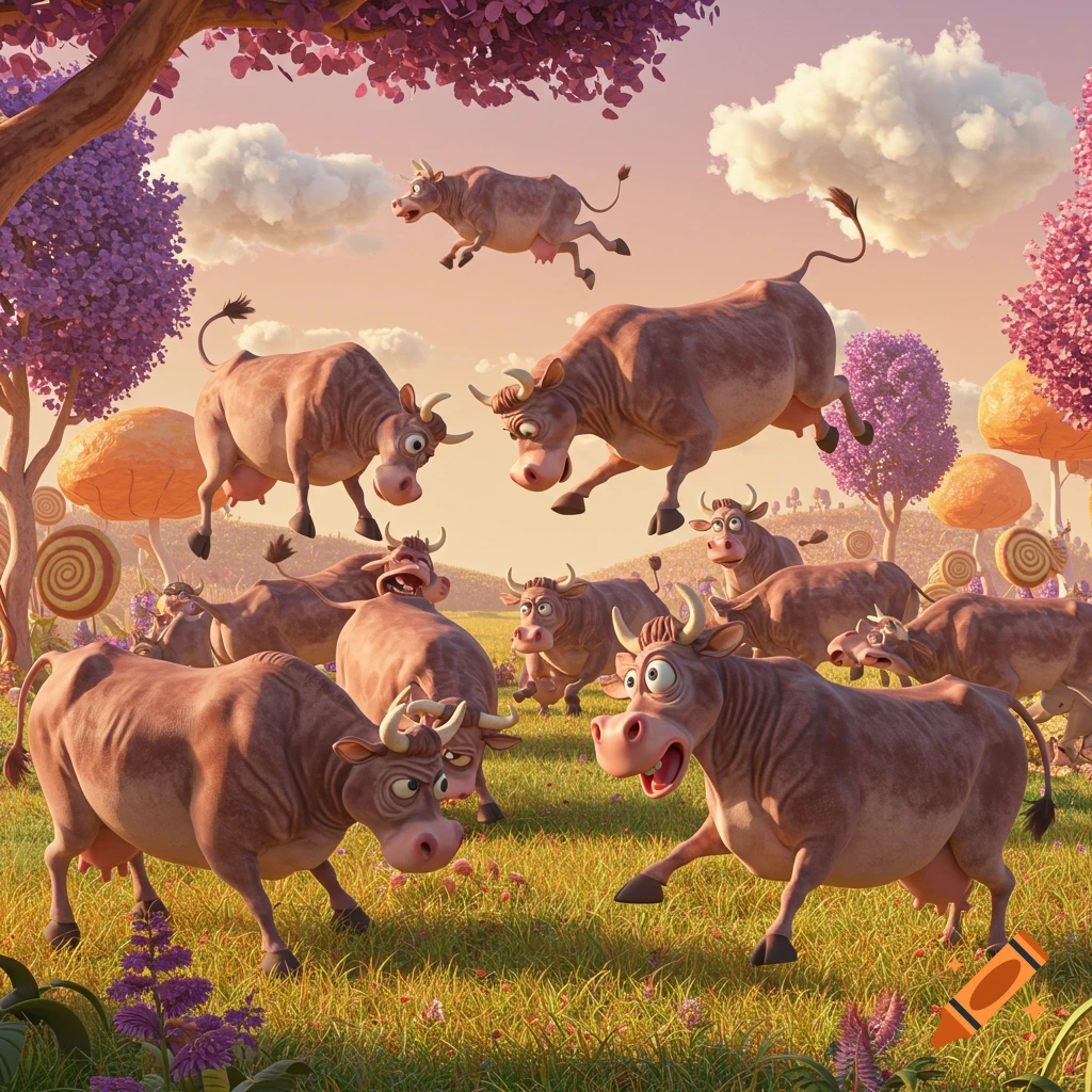 Cartoonish cows jump and run in a whimsical landscape with purple trees ...