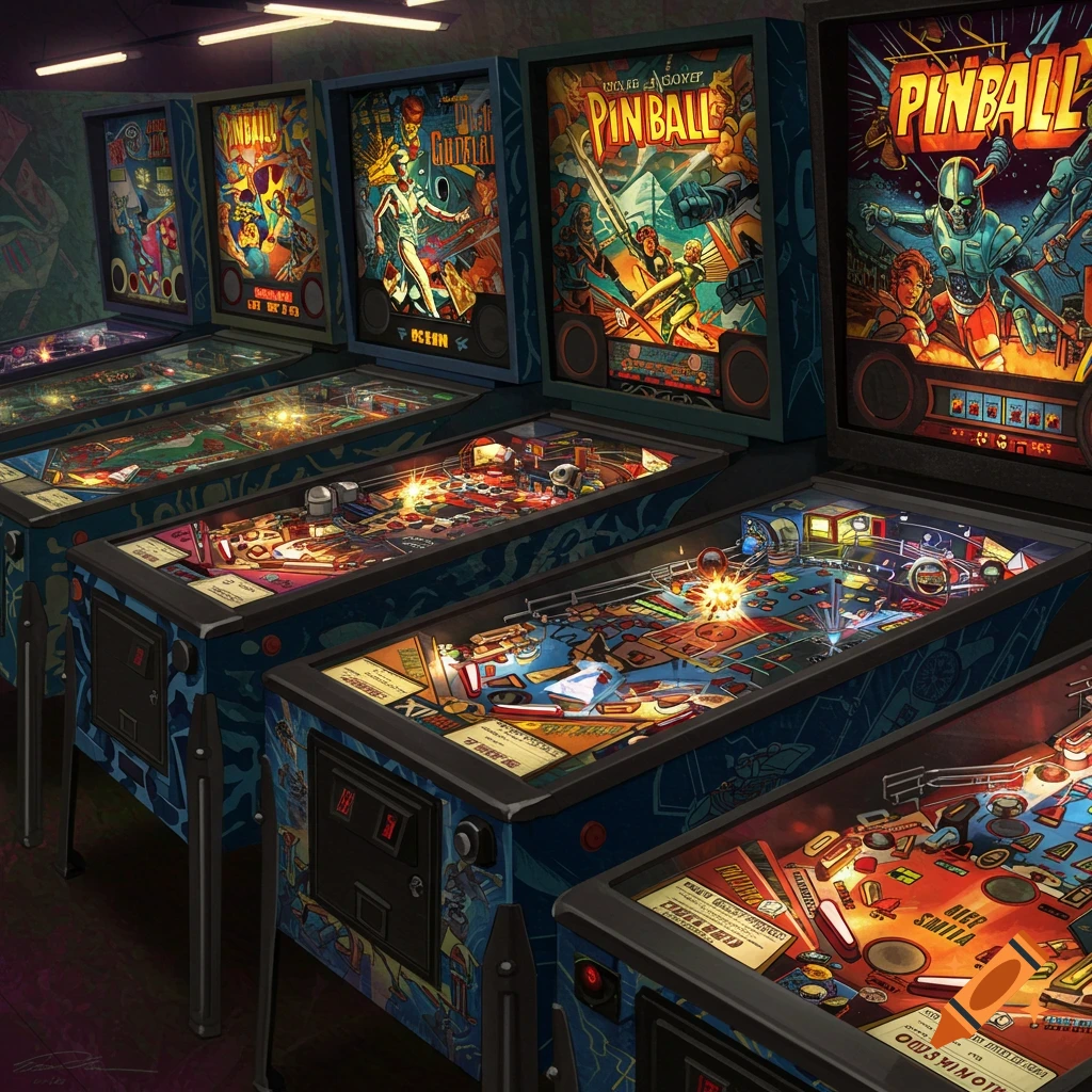 People play various arcade and pinball machines in a dimly lit game ...