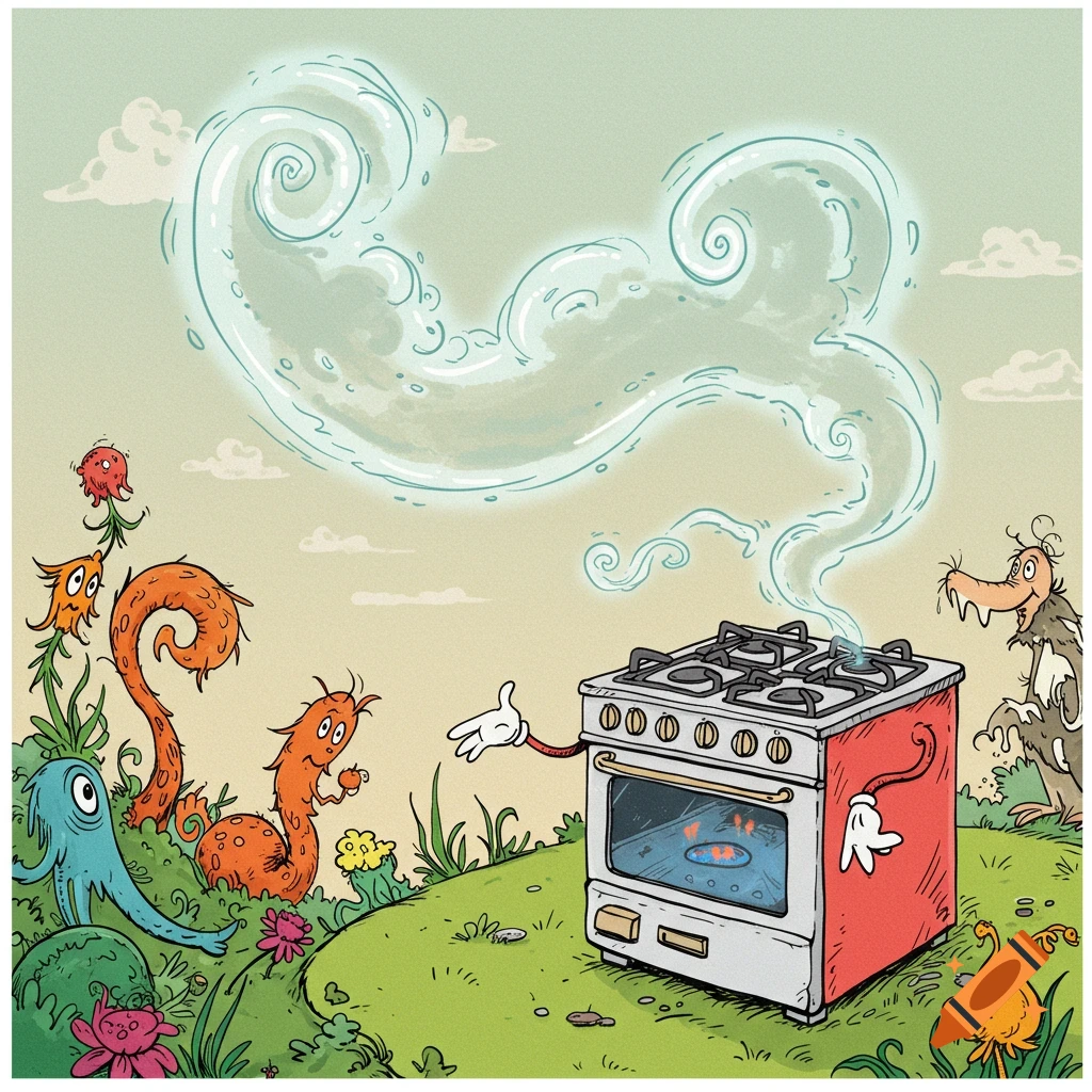 Dr. Seuss style cartoon of a polluting gas stove on Craiyon
