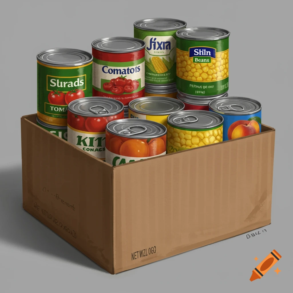A cardboard box filled with assorted canned goods. on Craiyon