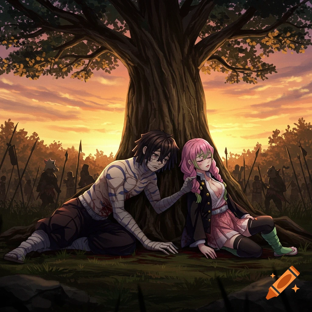 Two injured anime characters lean against a tree trunk at sunset with ...