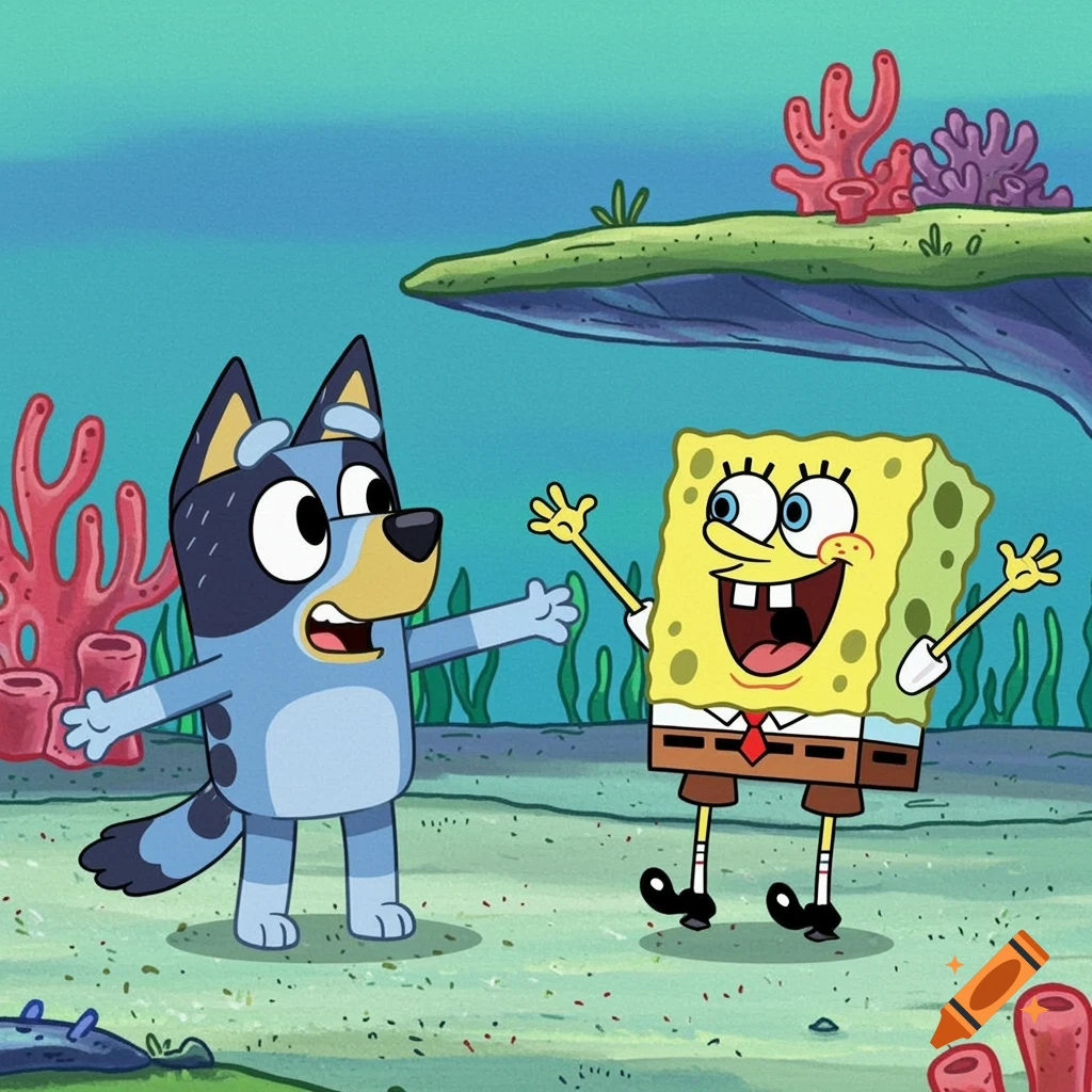 Bluey and Spongebob Squarepants interact underwater in a cartoon style ...
