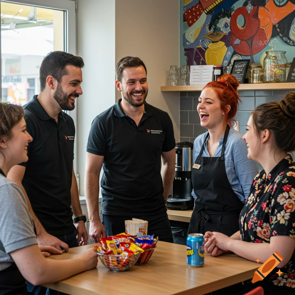 Four employees, two men and two women, laugh and talk around a table in ...