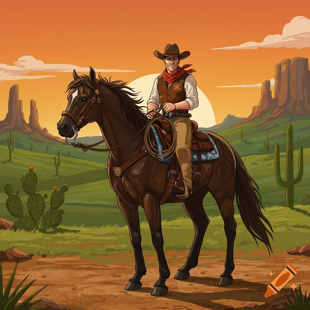 Comic book illustration of a cowboy in a fighting stance in a desert landscape. on Craiyon
