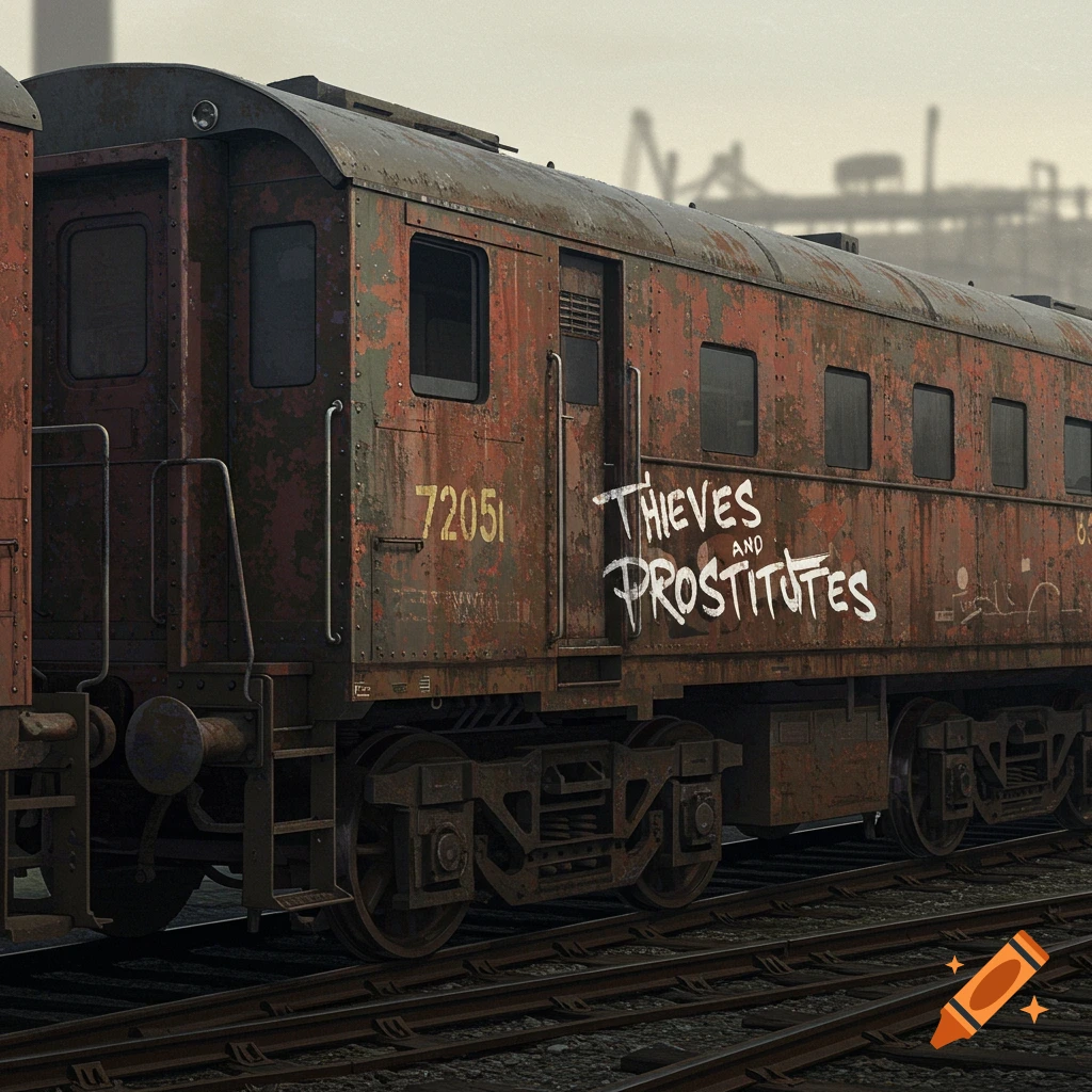 Rusty train from 1940s with graffiti writing on Craiyon