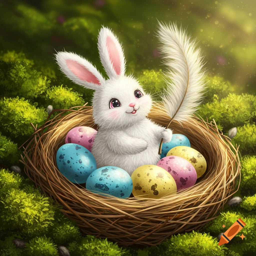 A cat wearing bunny ears sits in an Easter basket with colorful eggs ...