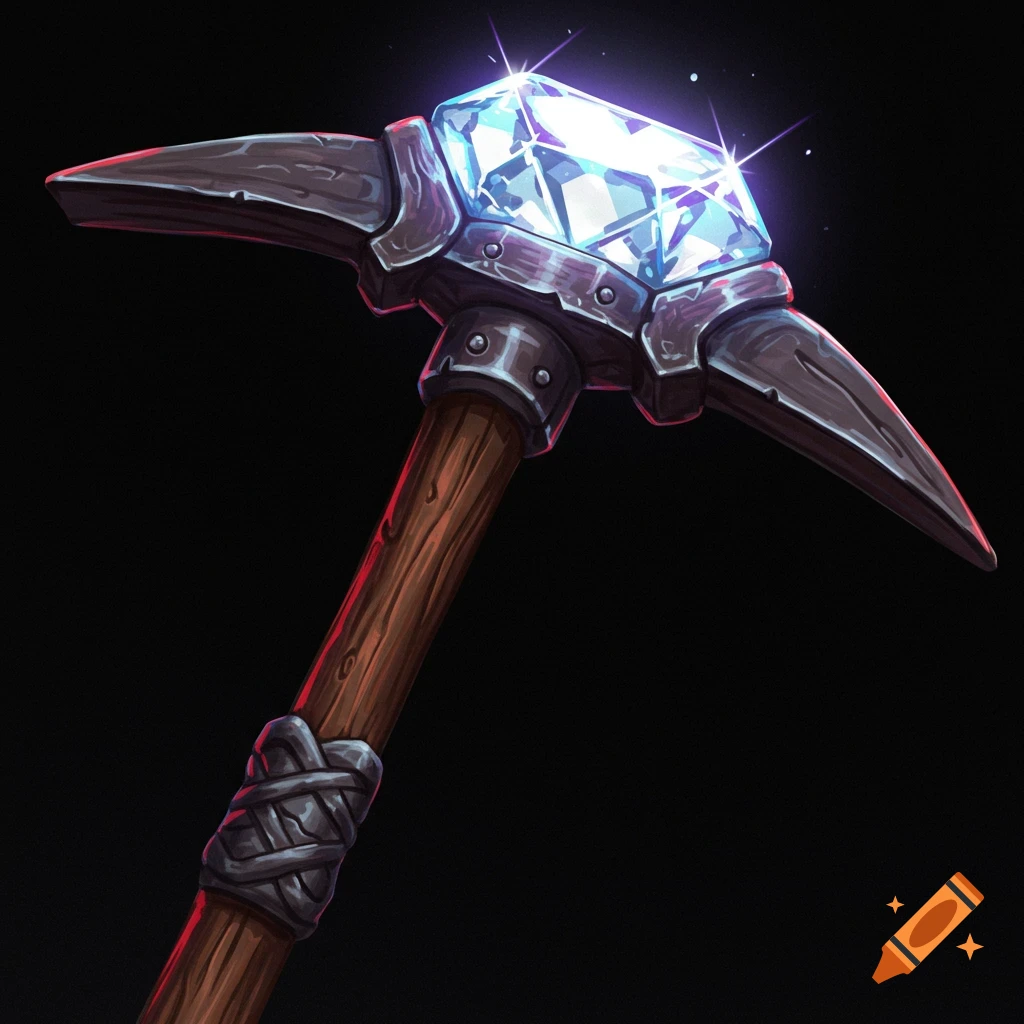 A sparkling diamond pickaxe floating against a starry purple background ...
