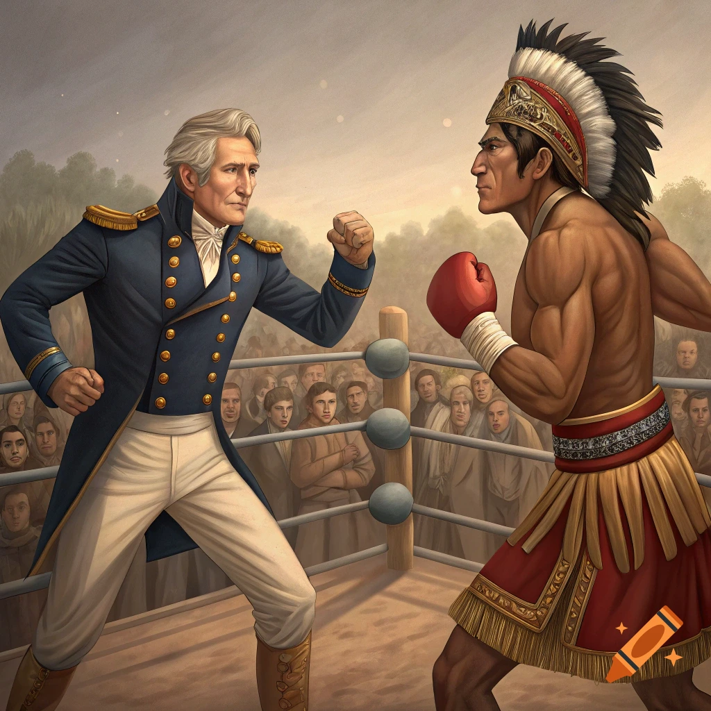 Illustration of Andrew Jackson boxing a Native American figure in a ...