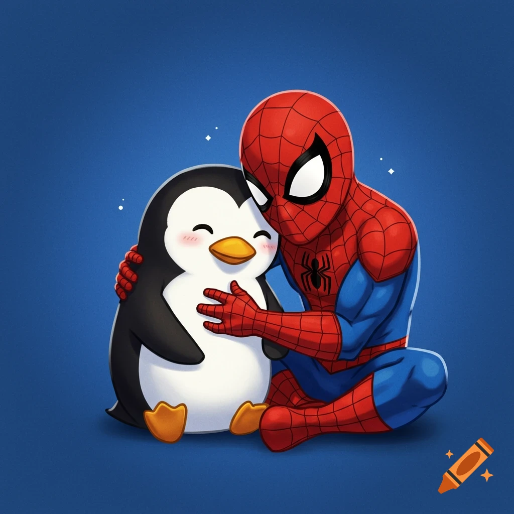 Spiderman cuddling a penguin in the style of Linux on Craiyon