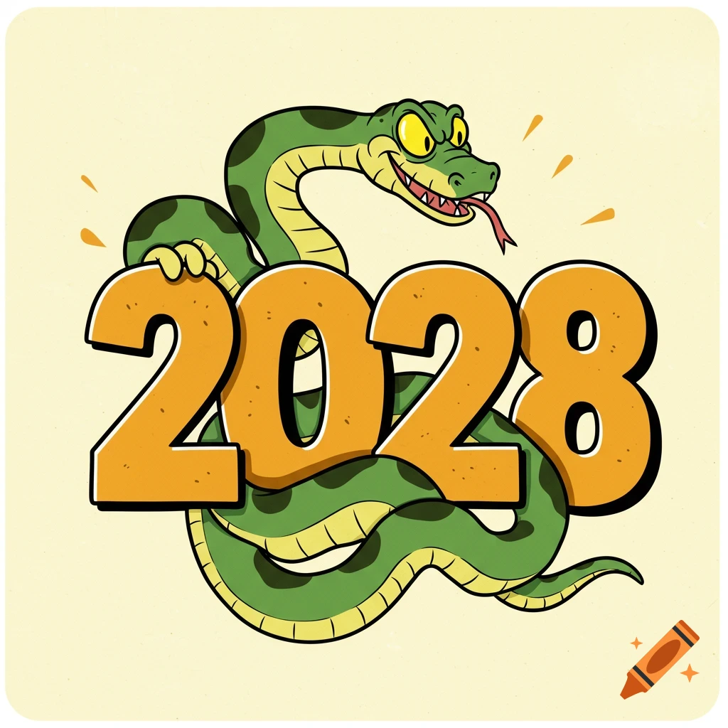 A cartoon green snake with a fangy grin wraps around large orange ...