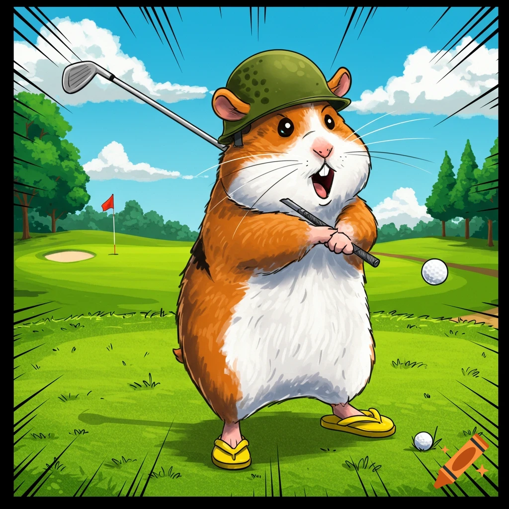Comic book style hamster playing golf, wearing army helmet and flip ...