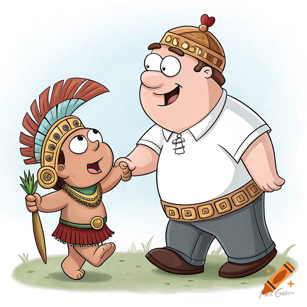 Cartoon of a small person in Aztec clothing holding hands with a ...