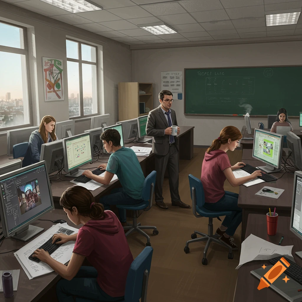 Computer lab with students and teacher on Craiyon