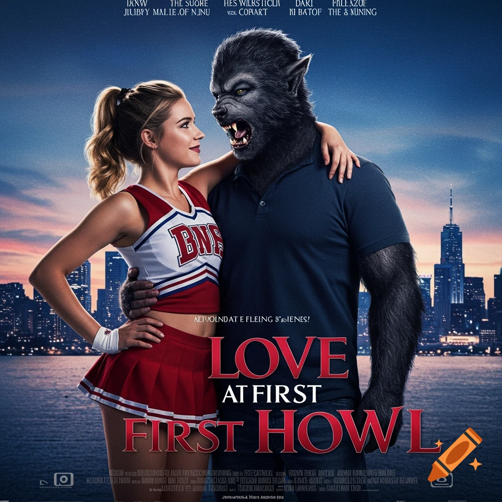 Love at First Howl movie poster featuring a cheerleader and a werewolf ...