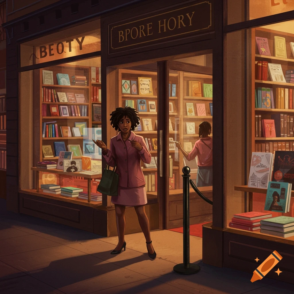 African American woman standing outside an upscale bookstore, appearing ...