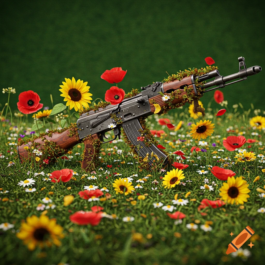 An AK-47 rifle stands in a field of colorful flowers. on Craiyon