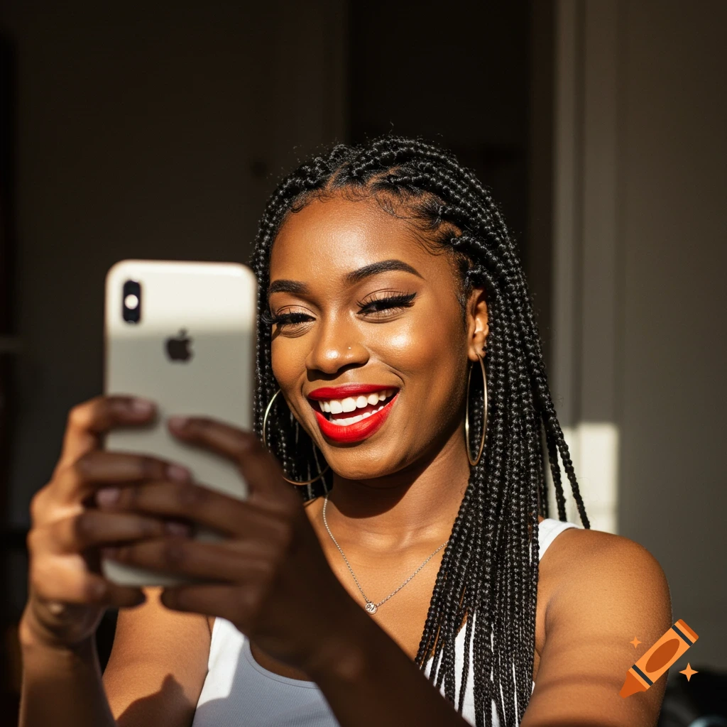 Young woman smiles while taking a selfie with her phone outdoors with ...
