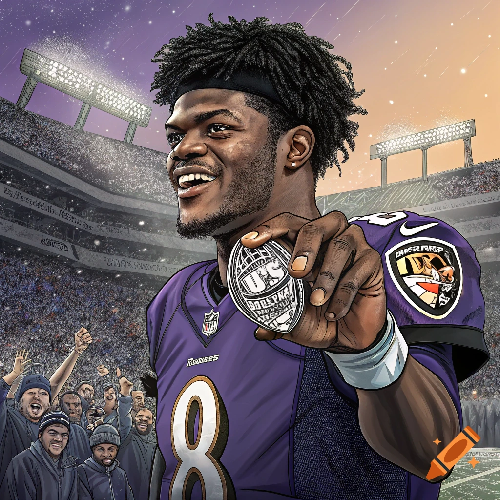 Illustrated man in purple football jersey holds up a ring in a packed ...