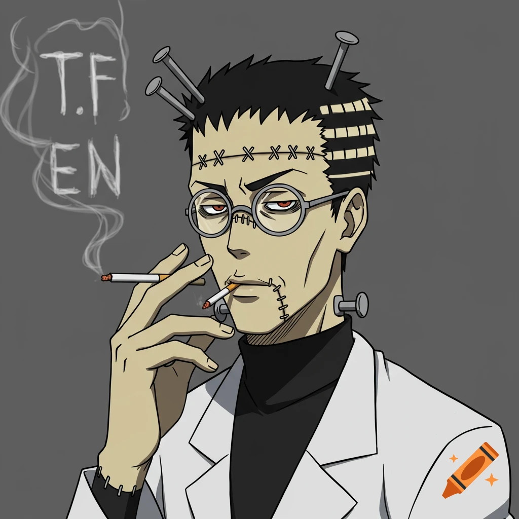 Dr. Stein from Soul Eater smoking a cigarette on Craiyon