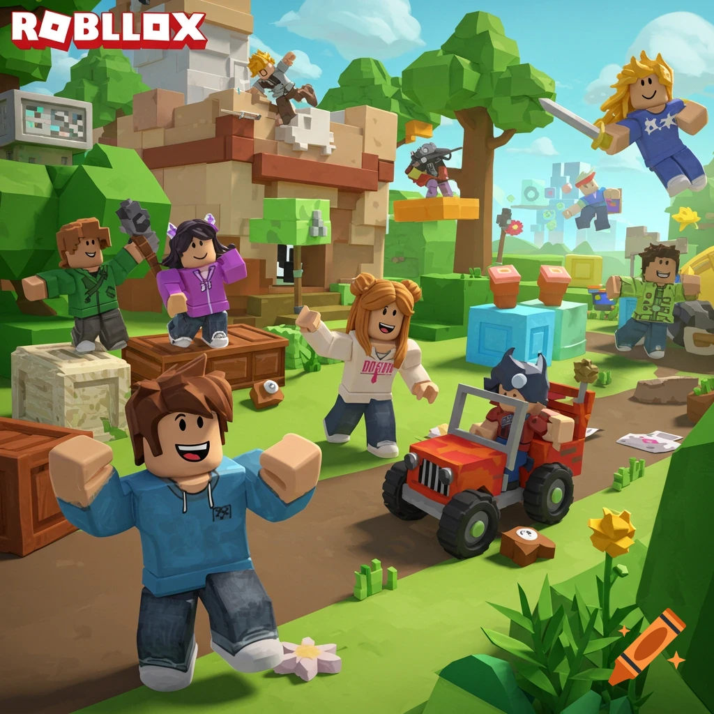 Blocky cartoon characters resembling Roblox avatars in a vibrant ...