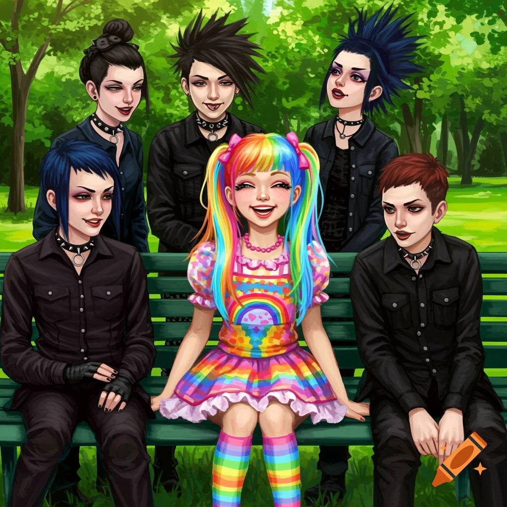 A brightly colored girl with rainbow hair sits on a park bench with ...