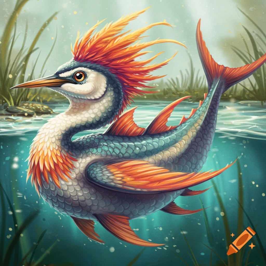 A fantastical bird-fish hybrid creature swimming in a pond. on Craiyon