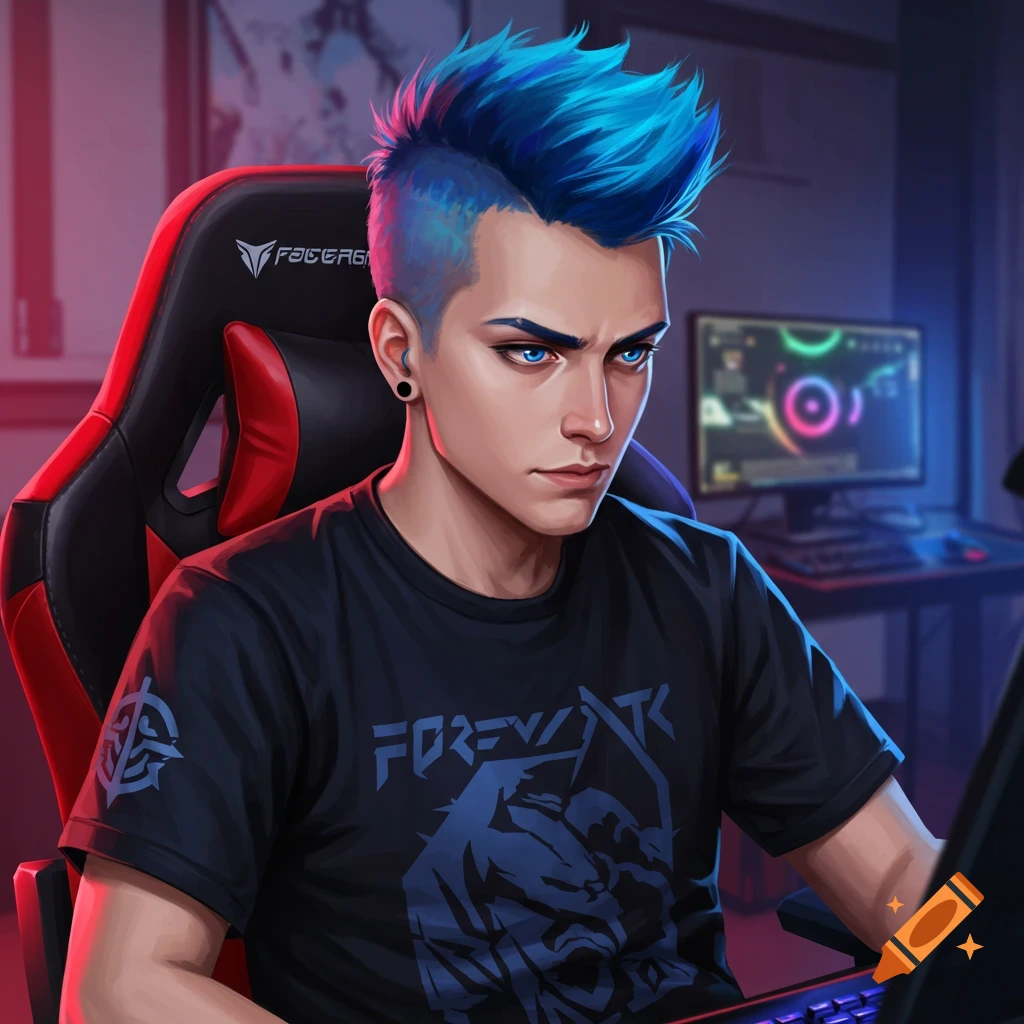 A young man with blue hair sitting in a gaming chair at a computer. on ...