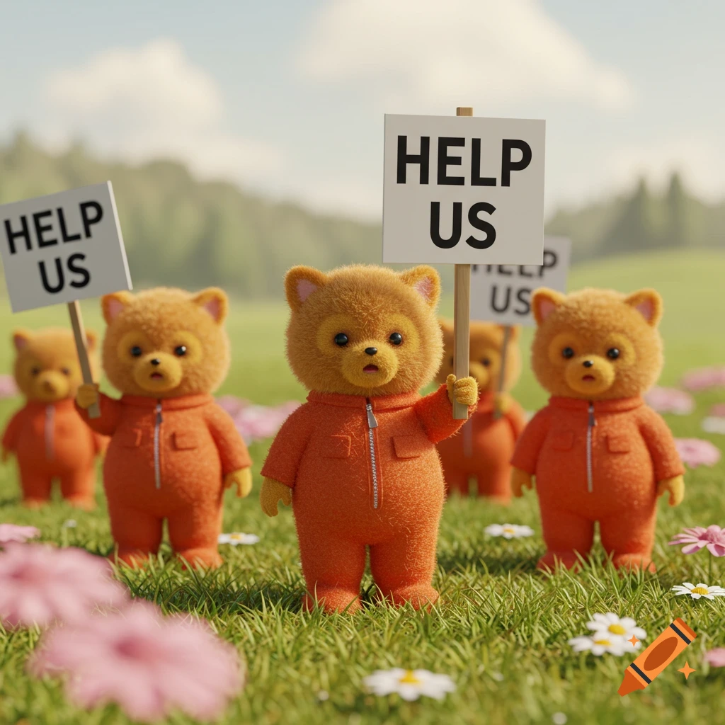 Fluffy orange teddy bears in orange jumpsuits holding HELP US signs in ...