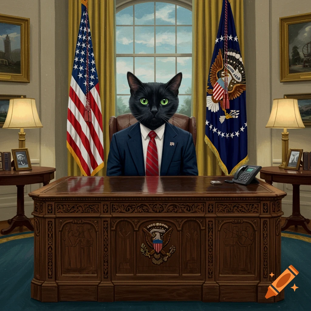 A black cat sits at the desk in the Oval Office, dressed as president ...