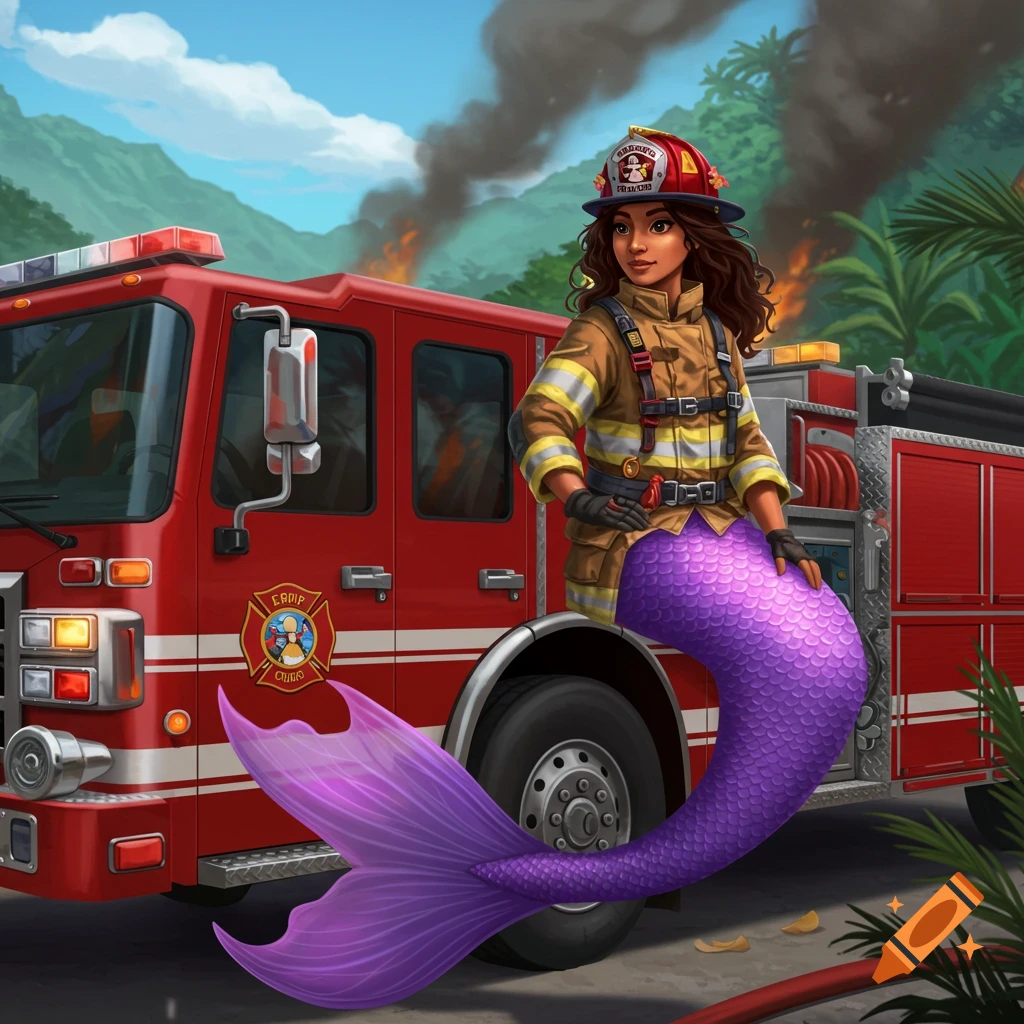 Hispanic mermaid firefighter with purple tail on fire truck on Craiyon
