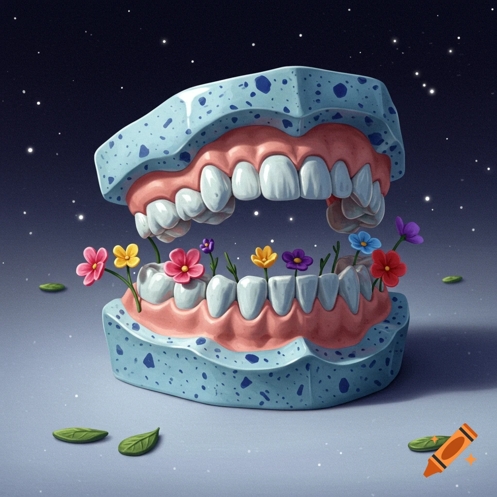 Whimsical art sculpture of blue porcelain dental mold with flowers on ...