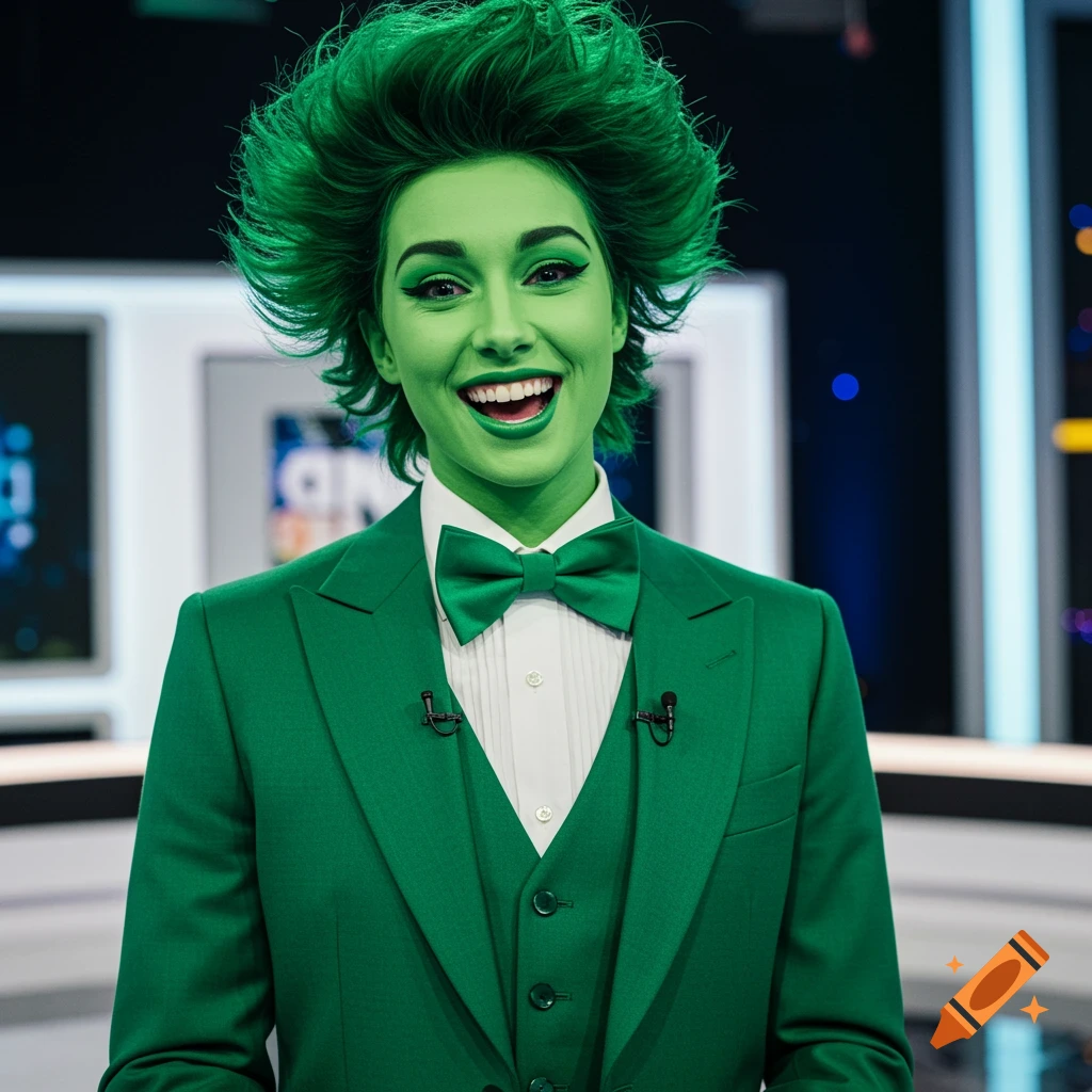 Green-skinned woman in a green suit and bow tie smiling in a TV studio ...