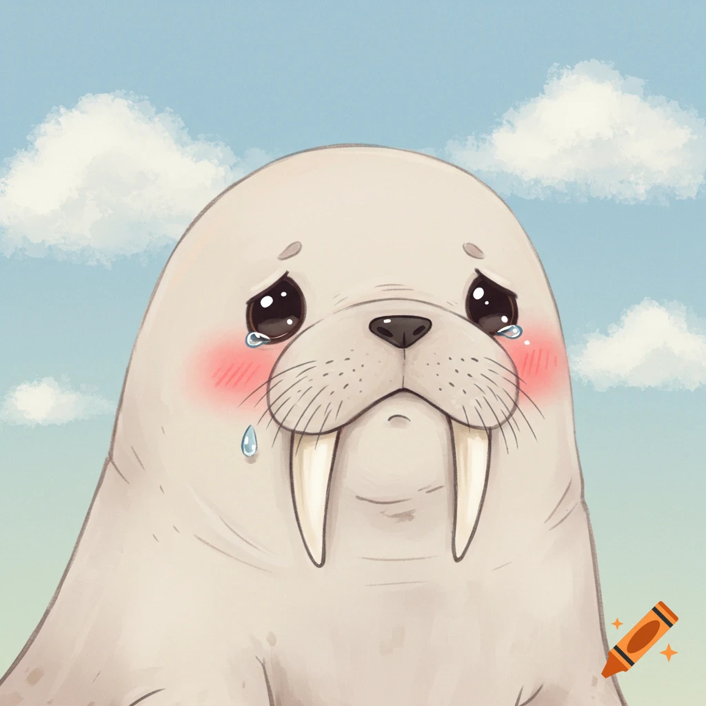 A cute cartoon walrus with tears and blushed cheeks cries under a ...